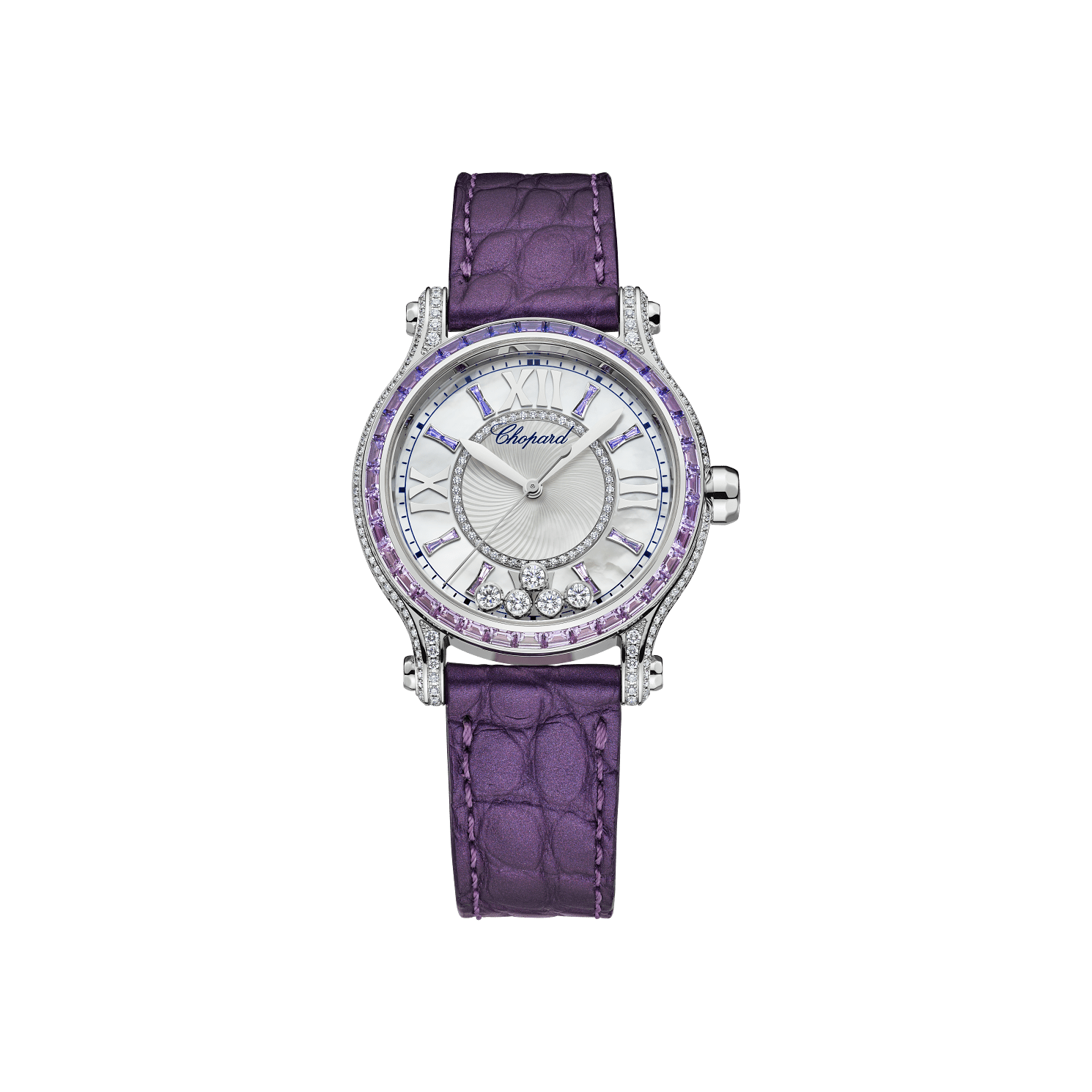 Chopard Happy Sport 33 mm Textured Mother-Of-Pearl Dial with Diamonds 18K White Gold Leather ...